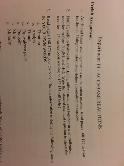 Solved Experiment 14 ACID/BASE REACTIONS Prelab Assignment: | Chegg.com