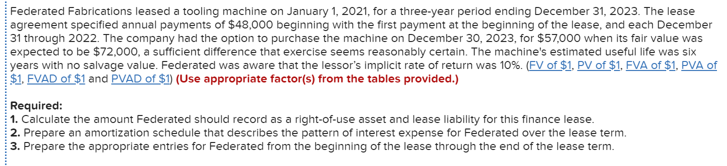 Solved Federated Fabrications leased a tooling machine on | Chegg.com