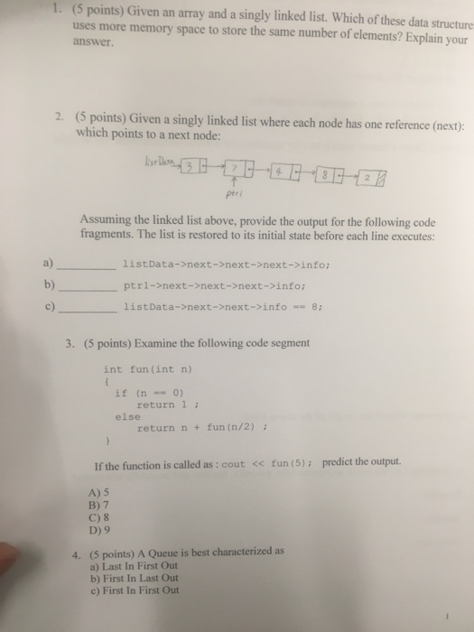 Solved 1. (5 points) Given an array and a singly linked | Chegg.com