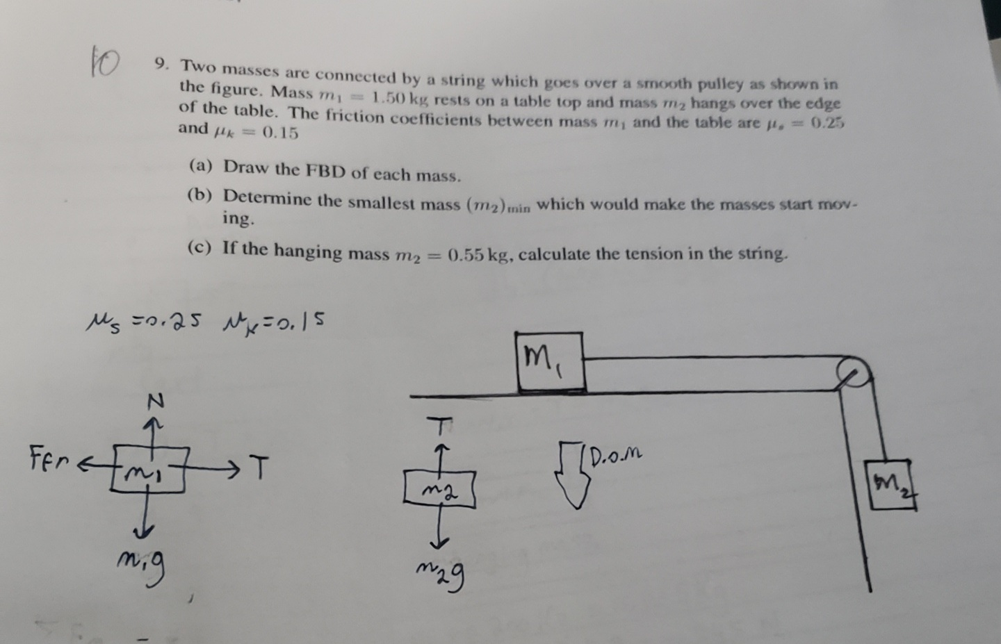 Solved 10 9. Two masses are connected by a string which goes | Chegg.com
