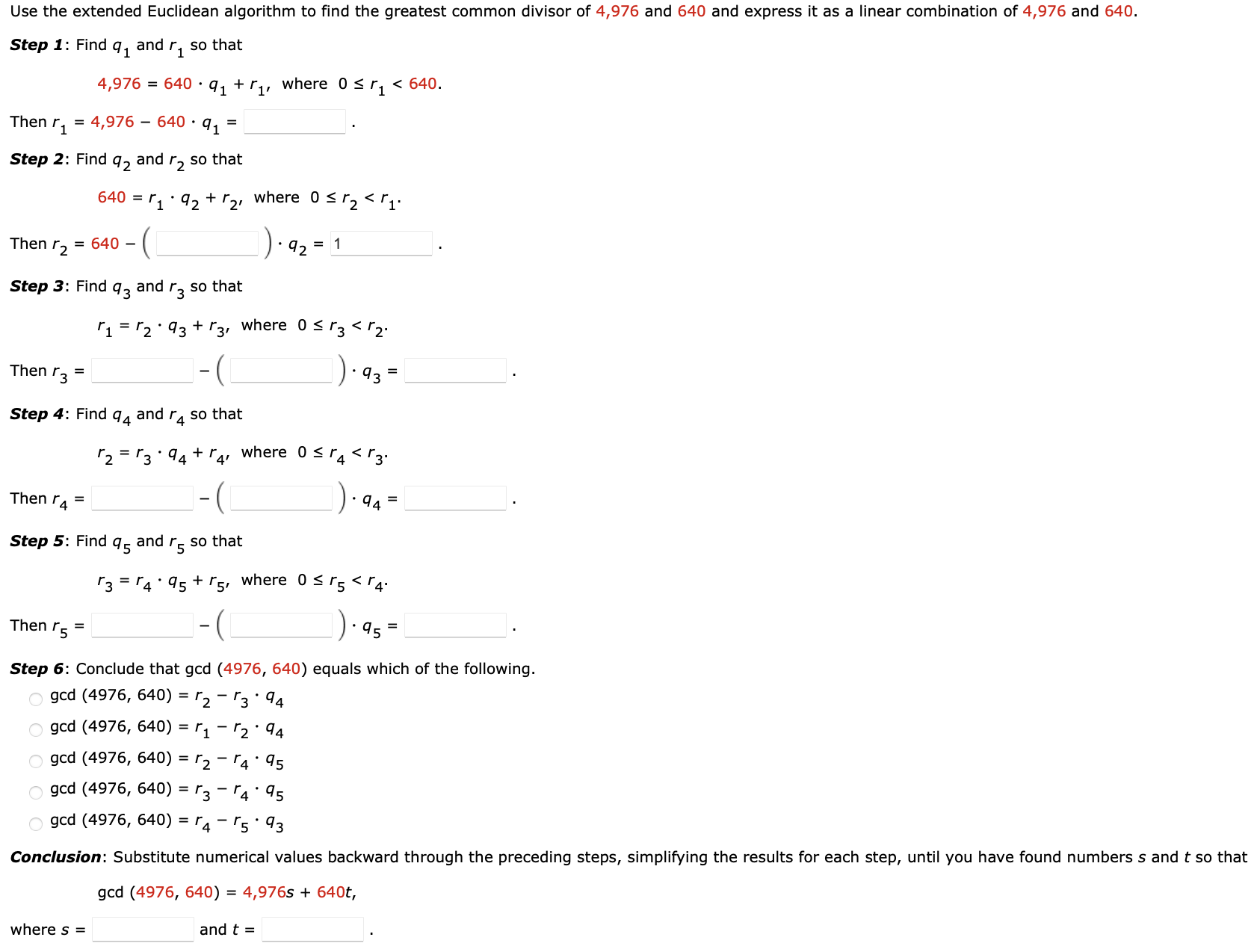 Solved Step 1: Find q1 and r1 so that 4,976=640⋅q1+r1, where | Chegg.com