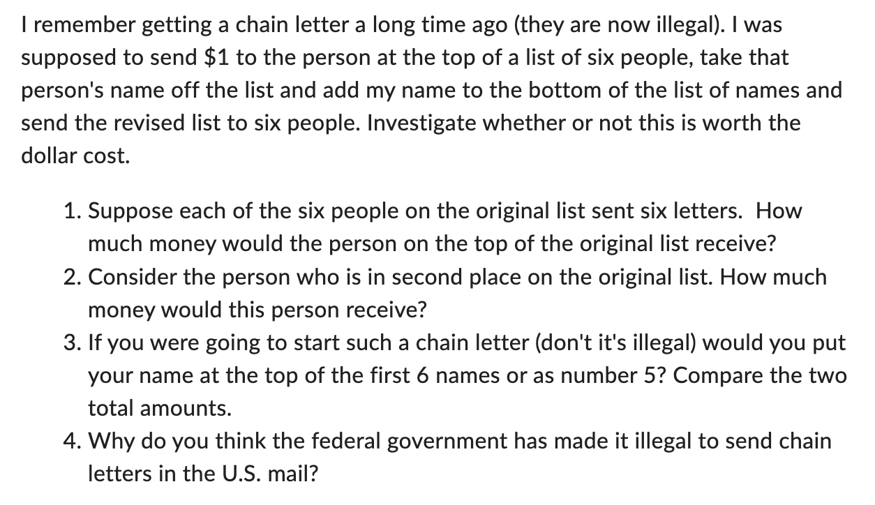 Solved remember getting a chain letter a long time ago (they | Chegg.com