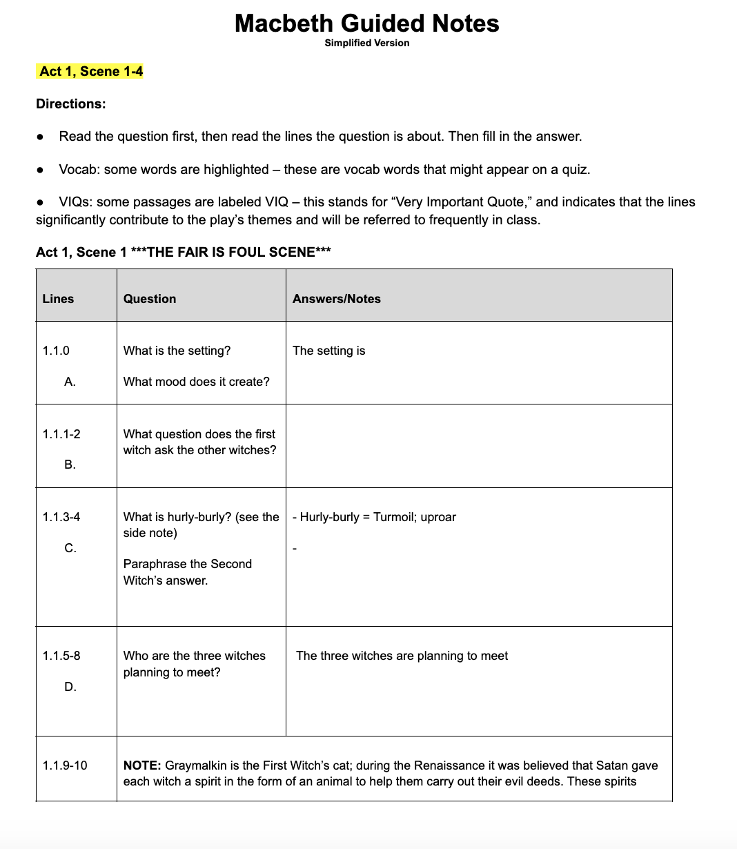 Macbeth Guided Notes Simplified Version Act 1, Scene | Chegg.com