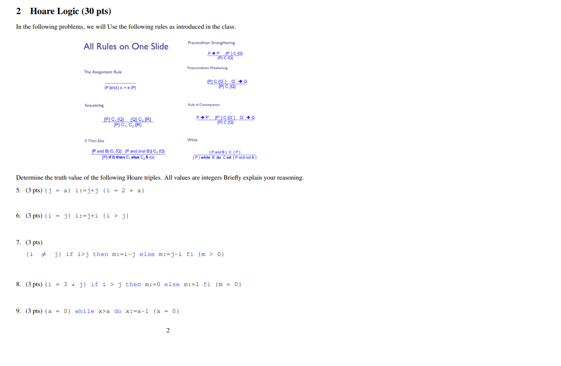 Solved 2 Hoare Logic (30 pts) In the following problems, we | Chegg.com