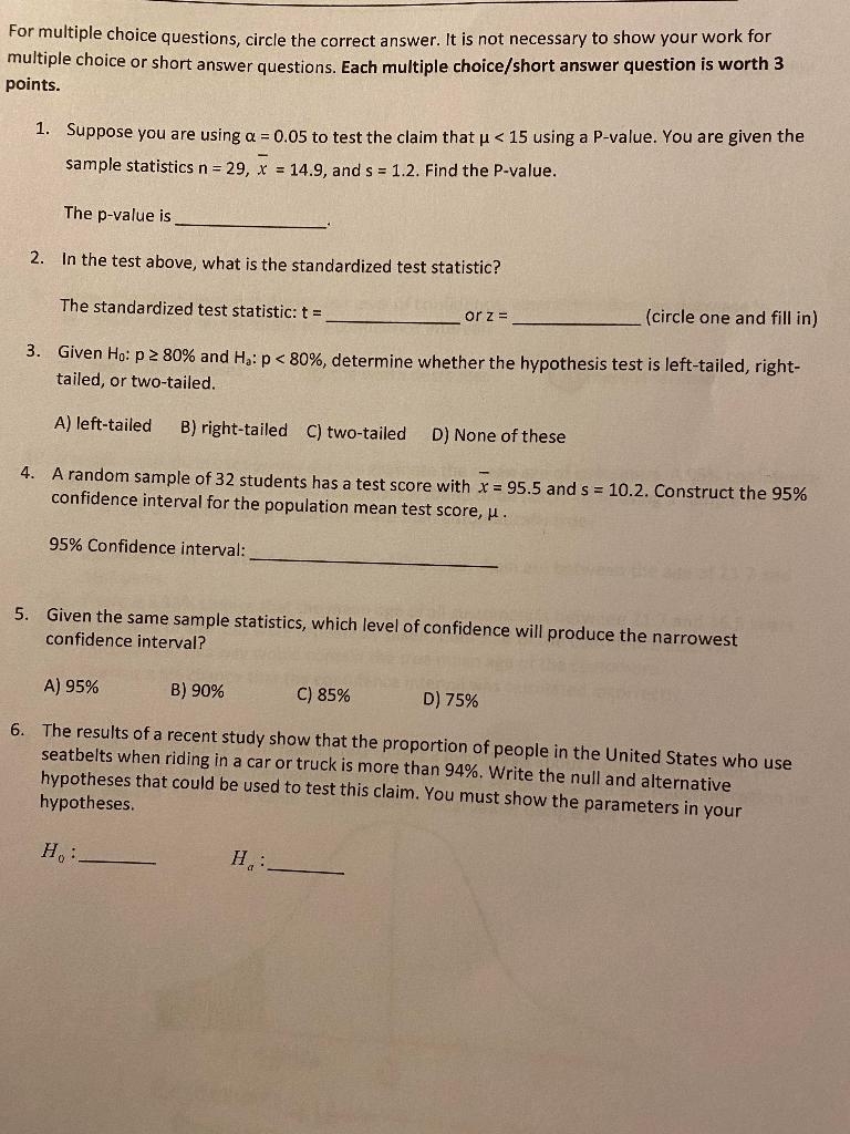 Solved For multiple choice questions, circle the correct | Chegg.com