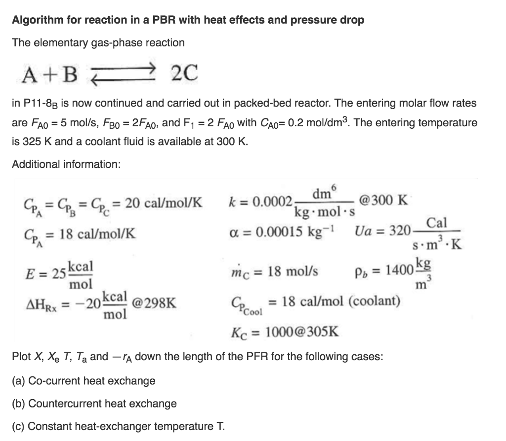 Algorithm for reaction in a PBR with heat effects and | Chegg.com