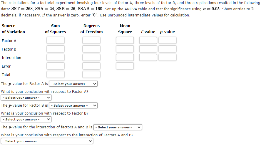Solved The calculations for a factorial experiment involving | Chegg.com
