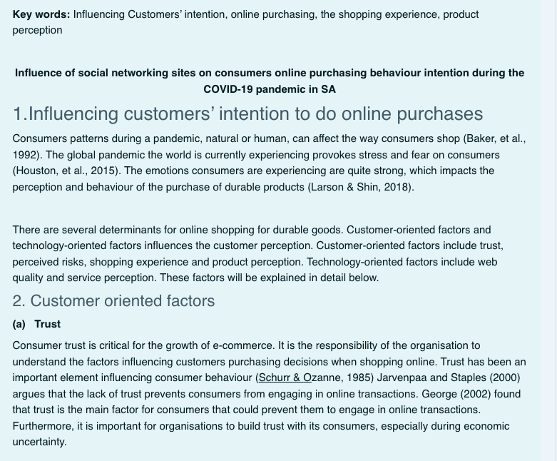 Key words: Influencing Customers' intention, online | Chegg.com