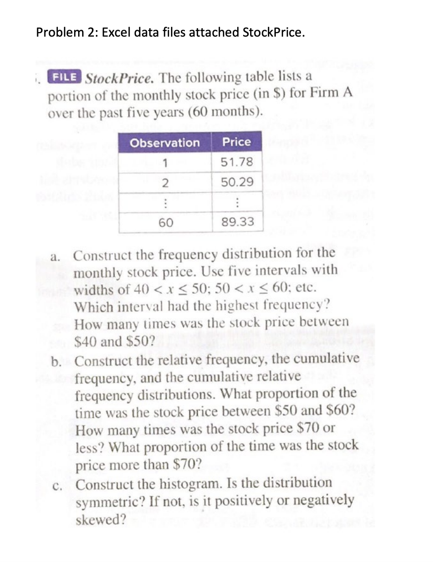 Solved Problem 2: Excel data files attached StockPrice. | Chegg.com