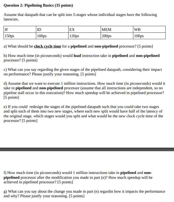 Solved Question 2: Pipelining Basics (35 points) Assume that | Chegg.com