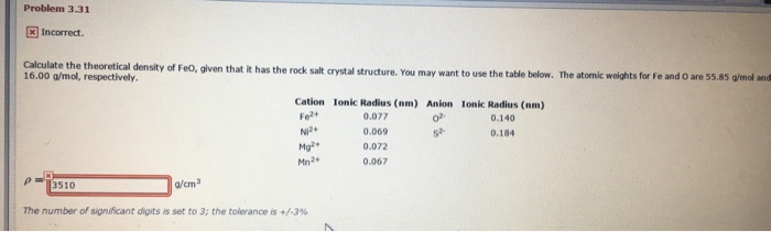 Solved Calculate the theoretical density of FeO, given that | Chegg.com
