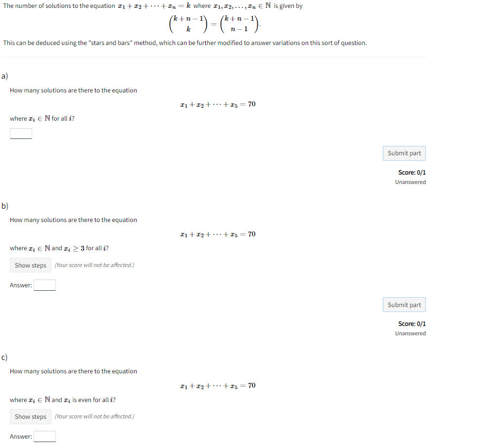 Solved The number of solutions to the equation 21 +22+...+In | Chegg.com