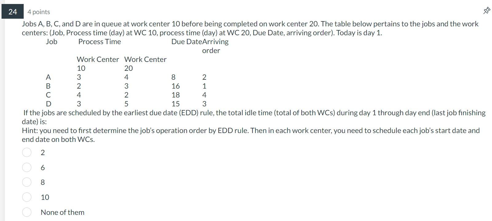 Solved Jobs A, B, C, and D are in queue at work center 10 | Chegg.com