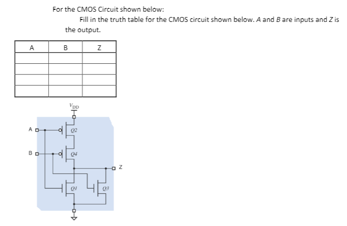Solved For the CMOS Circuit shown below: Fill in the truth | Chegg.com