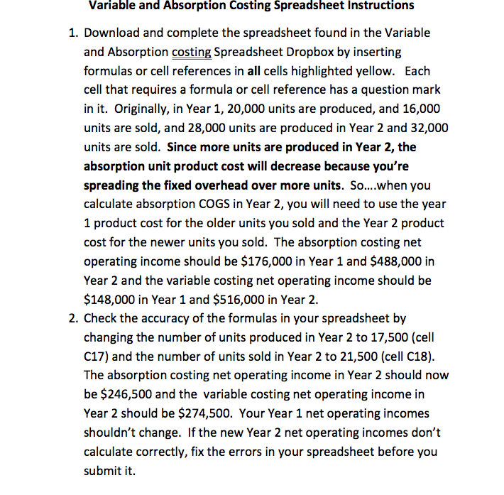 Solved Variable and Absorption Costing Spreadsheet | Chegg.com