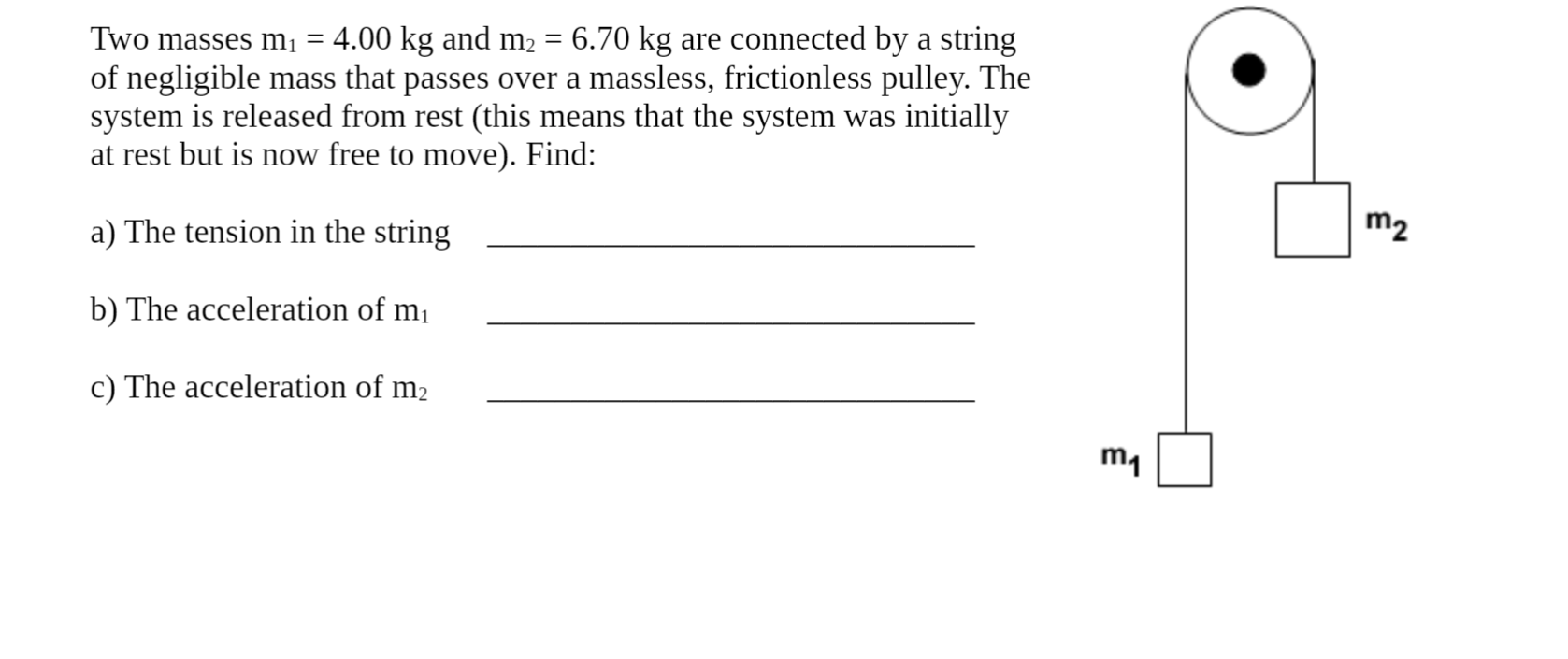 Solved Two masses m1=4.00 kg and m2=6.70 kg are connected by | Chegg.com