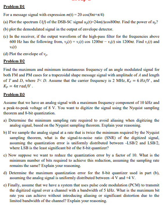 Problem D1 For a message signal with expression | Chegg.com