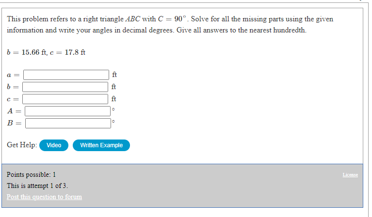 Solved This problem refers to a right triangle ABC with C = | Chegg.com