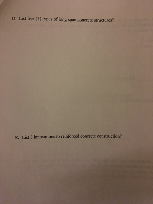 Solved List five (3) types of long span concrete structures? | Chegg.com