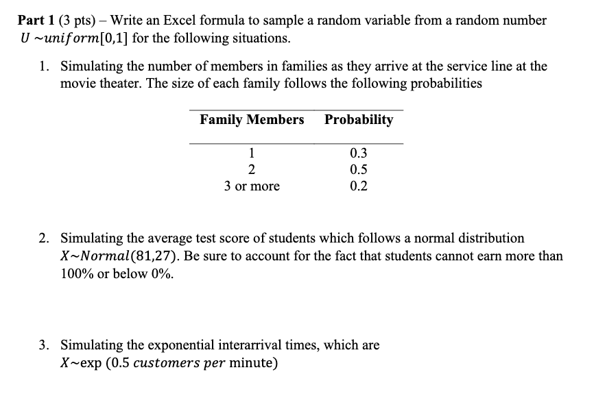 Solved Part 1 (3 pts) - Write an Excel formula to sample a | Chegg.com
