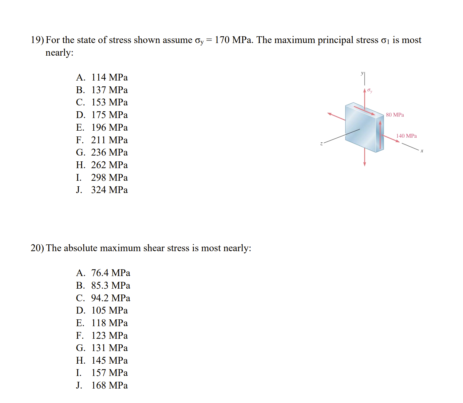 Solved For the state of stress shown assume σy = 170 MPa. | Chegg.com