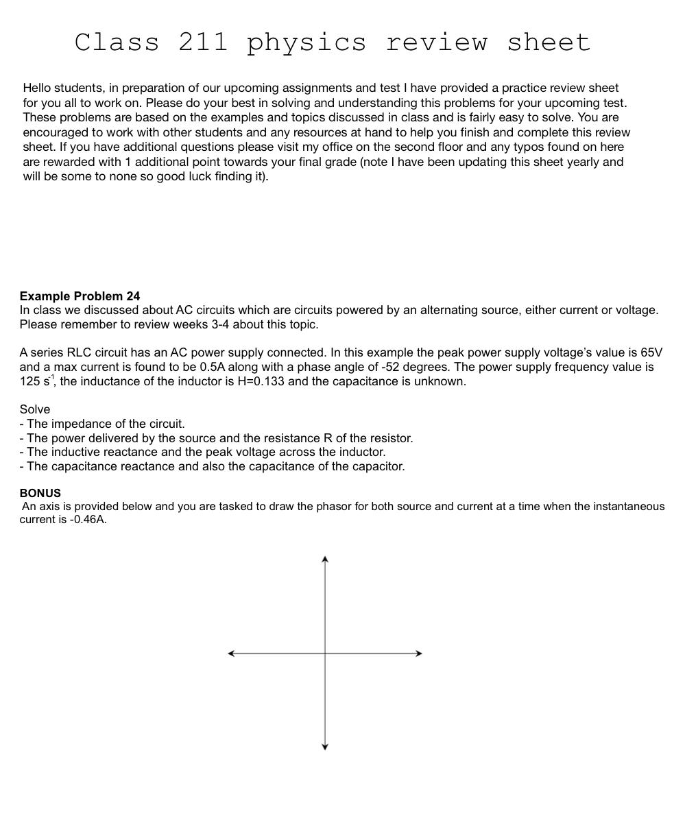 Solved Class 211 physics review sheet Hello students, in | Chegg.com