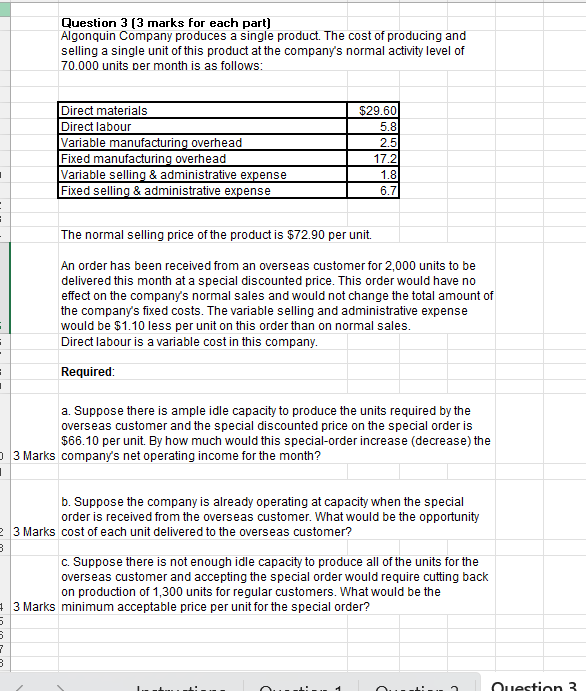 Solved Question 3 [3 marks for each part] Algonquin Company | Chegg.com