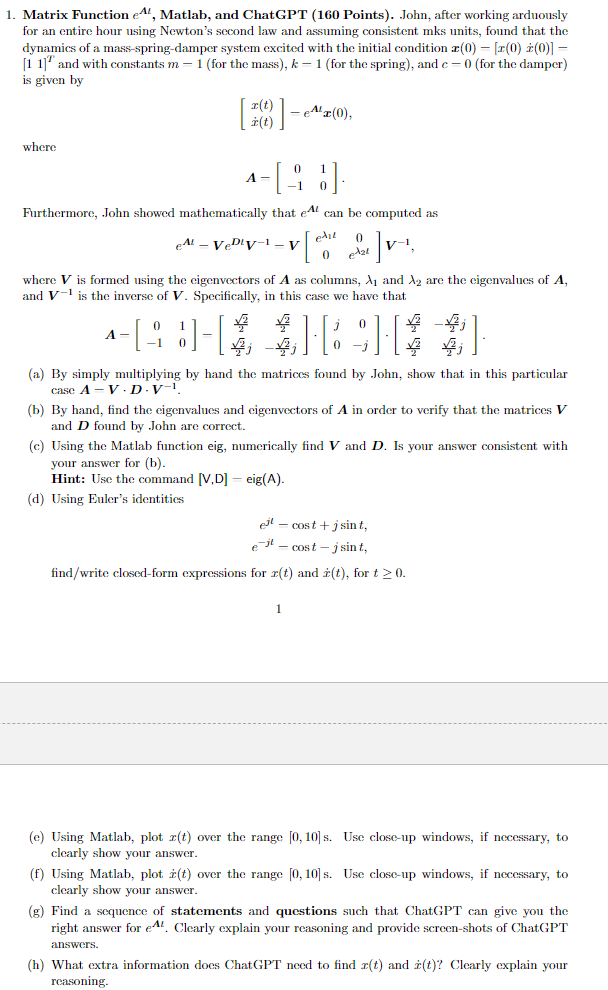 1. Matrix Function eAt, Matlab, and ChatGPT (160 | Chegg.com