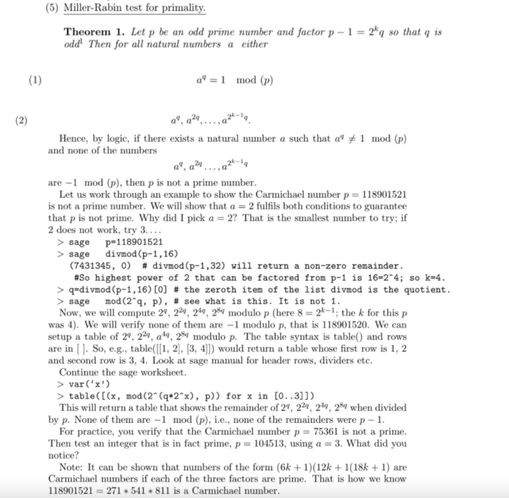 Solved (5) Miller-Rabin test for primality. Theorem 1. Let p | Chegg.com