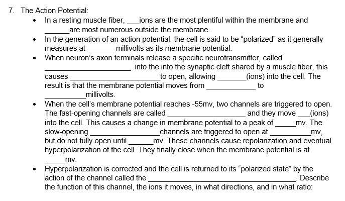 Solved 7. The Action Potential: • In a resting muscle fiber, | Chegg.com