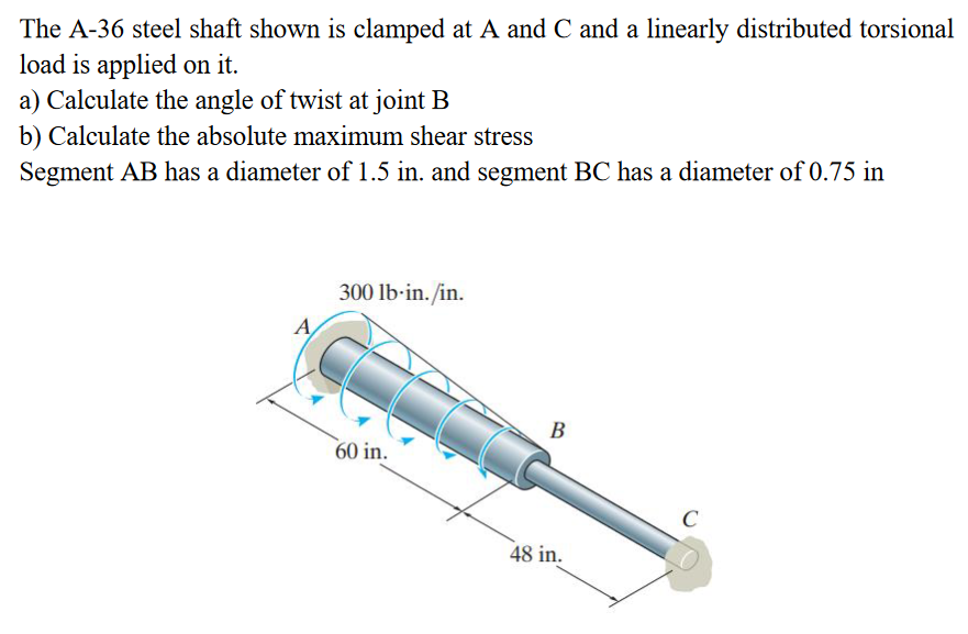 Solved The A-36 ﻿steel shaft shown is clamped at A and C and | Chegg.com