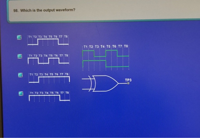 Solved 98. Which is the output waveform? T1:T2 T3 T4 T5 T6 | Chegg.com