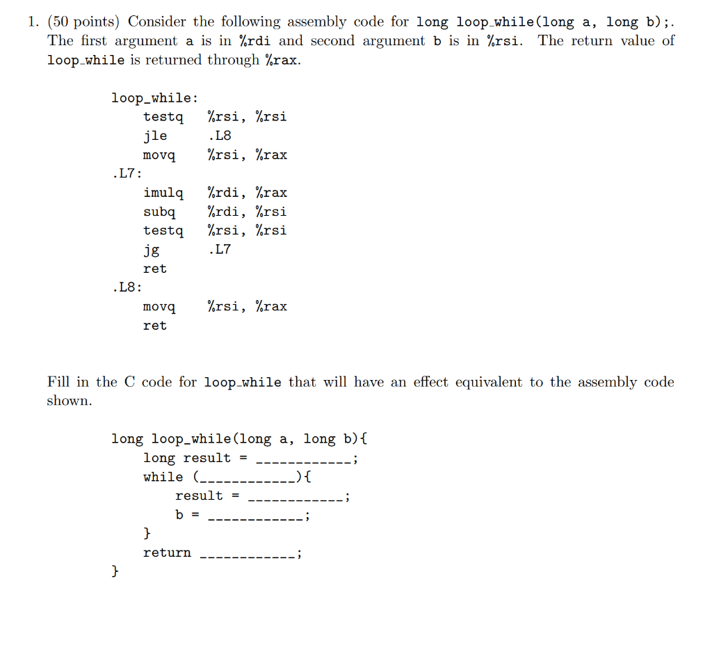 Solved 1. (50 points) Consider the following assembly code | Chegg.com