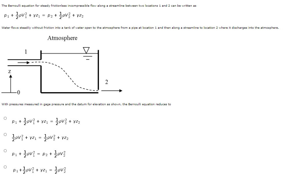 Solved The Bernoulli equation for steady frictionless | Chegg.com