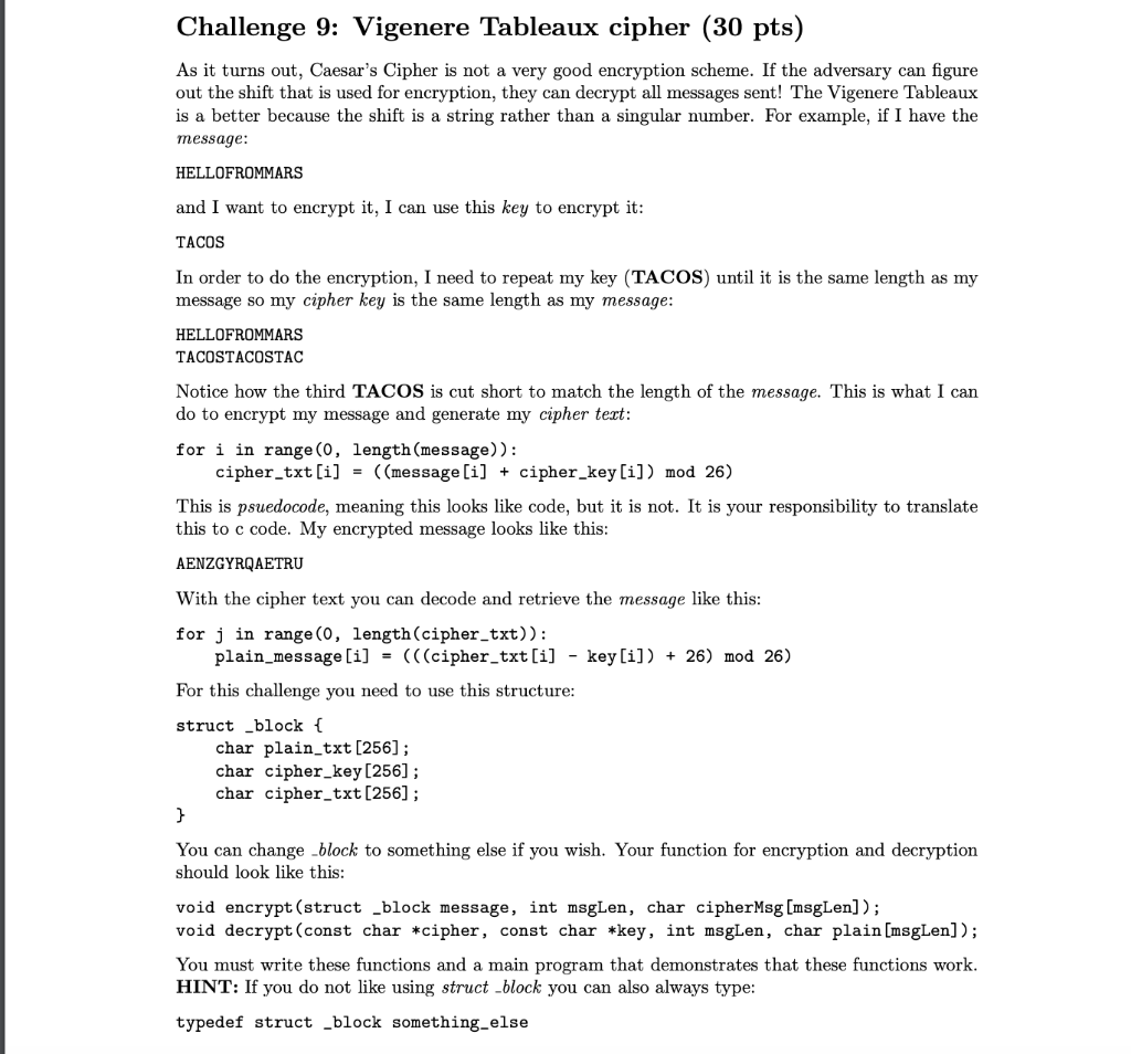 Solved Challenge 9: Vigenere Tableaux cipher (30 pts) As it | Chegg.com