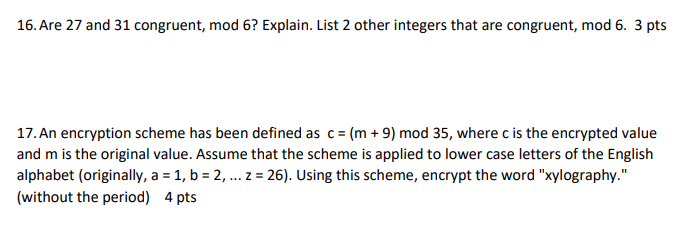 Solved 16. Are 27 and 31 congruent, mod 6? Explain. List 2 | Chegg.com