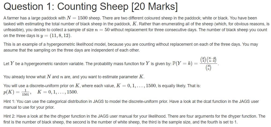 Solved A farmer has a large paddock with N=1500 sheep. There | Chegg.com