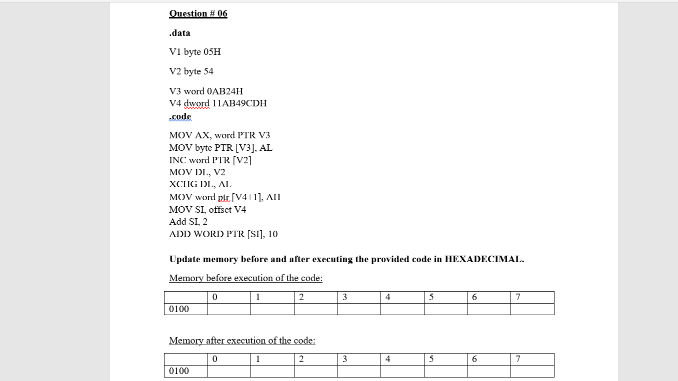 Question # 06 .data Vi byte 05H V2 byte 54 V3 word | Chegg.com
