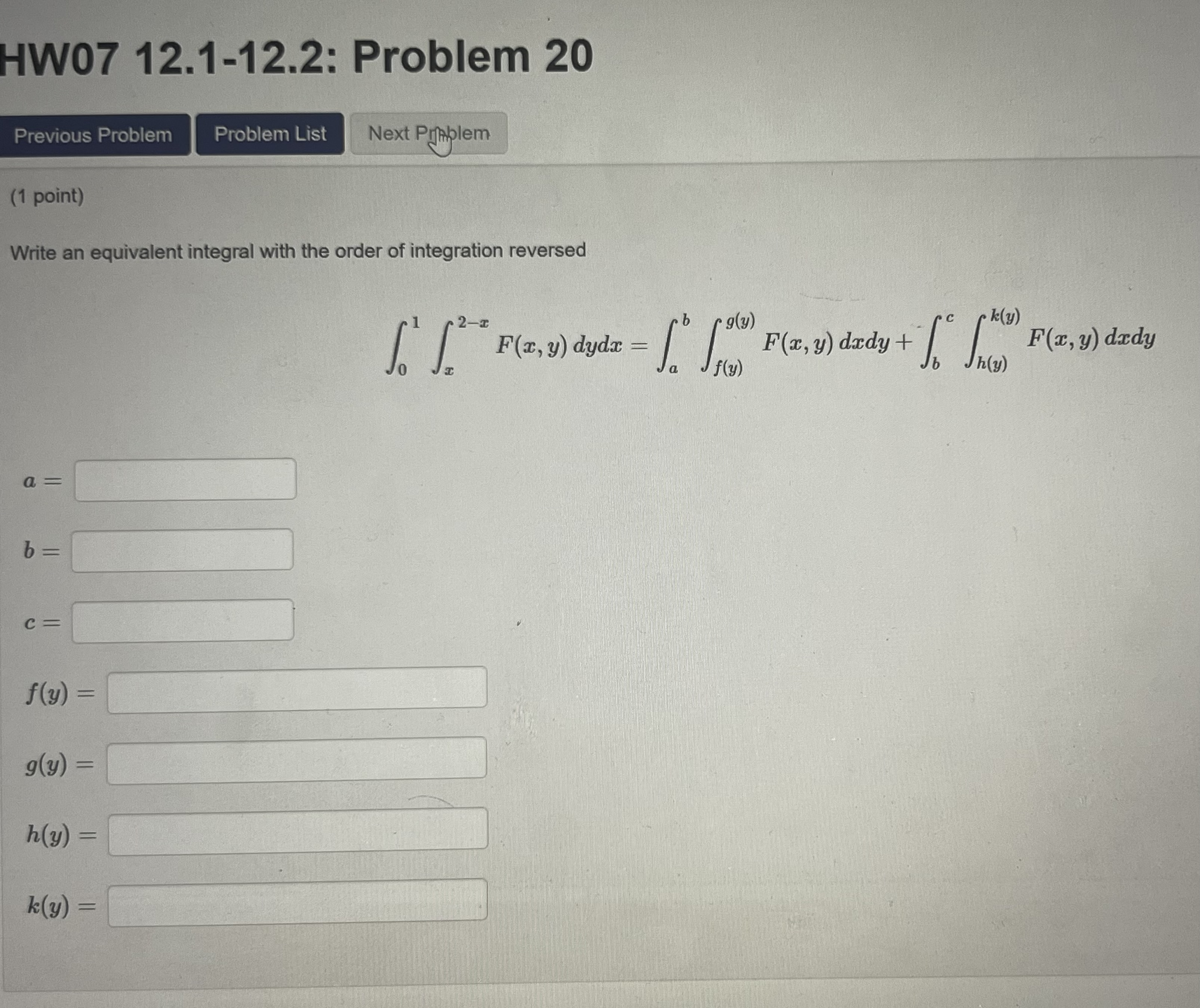 Solved Write an equivalent integral with the order of | Chegg.com