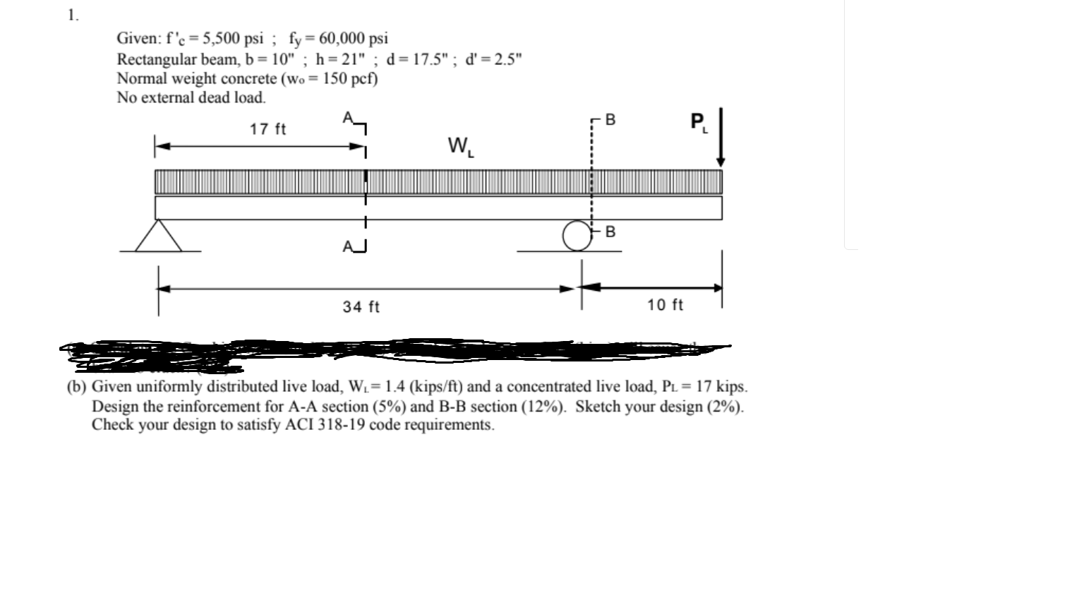 Solved Given: f′c=5,500psi;fy=60,000psi Rectangular beam, | Chegg.com