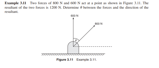 Solved Example 3.11 ﻿Two forces of 800 ﻿N and 600 ﻿N act at | Chegg.com