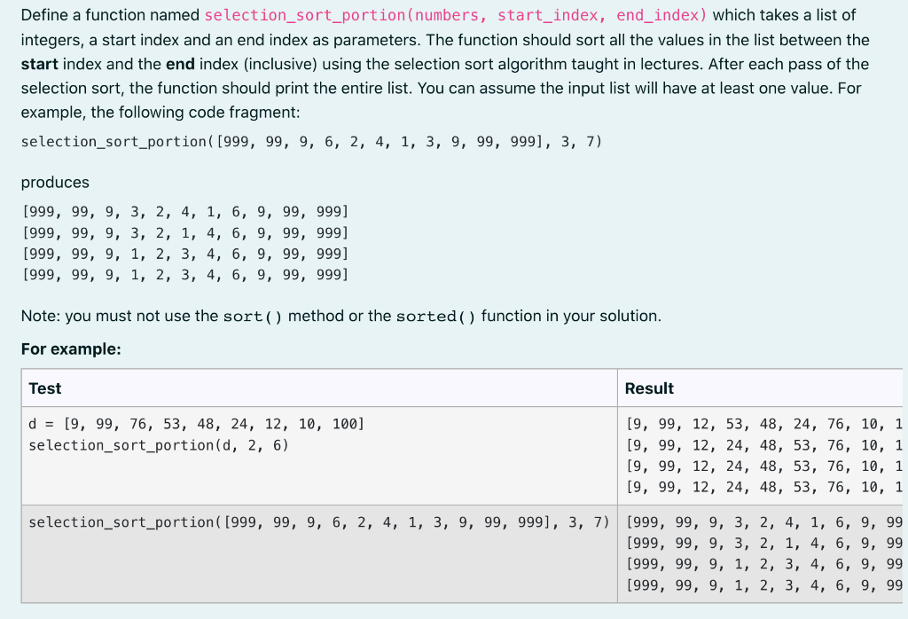 Solved Define a function named selection_sort_portion | Chegg.com