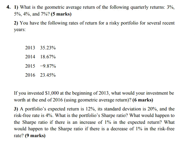 Solved 4. 1) What is the geometric average return of the | Chegg.com