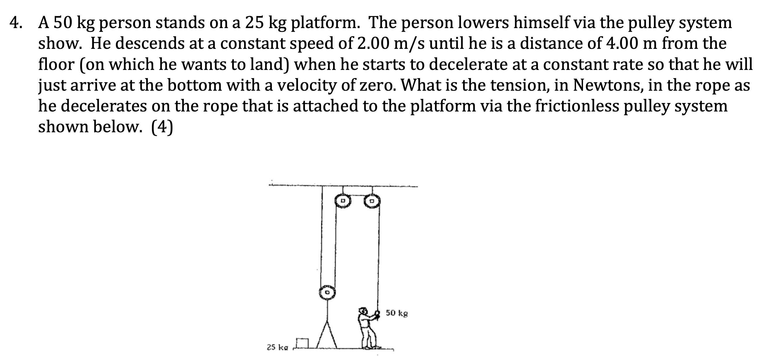 Solved 4. ﻿A 50 ﻿kg person stands on a 25 ﻿kg platform. The | Chegg.com