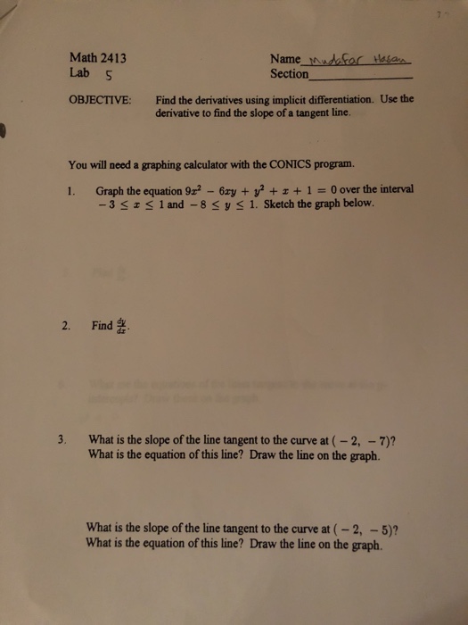 Solved Math 2413 Lab S Section Find the derivatives using | Chegg.com
