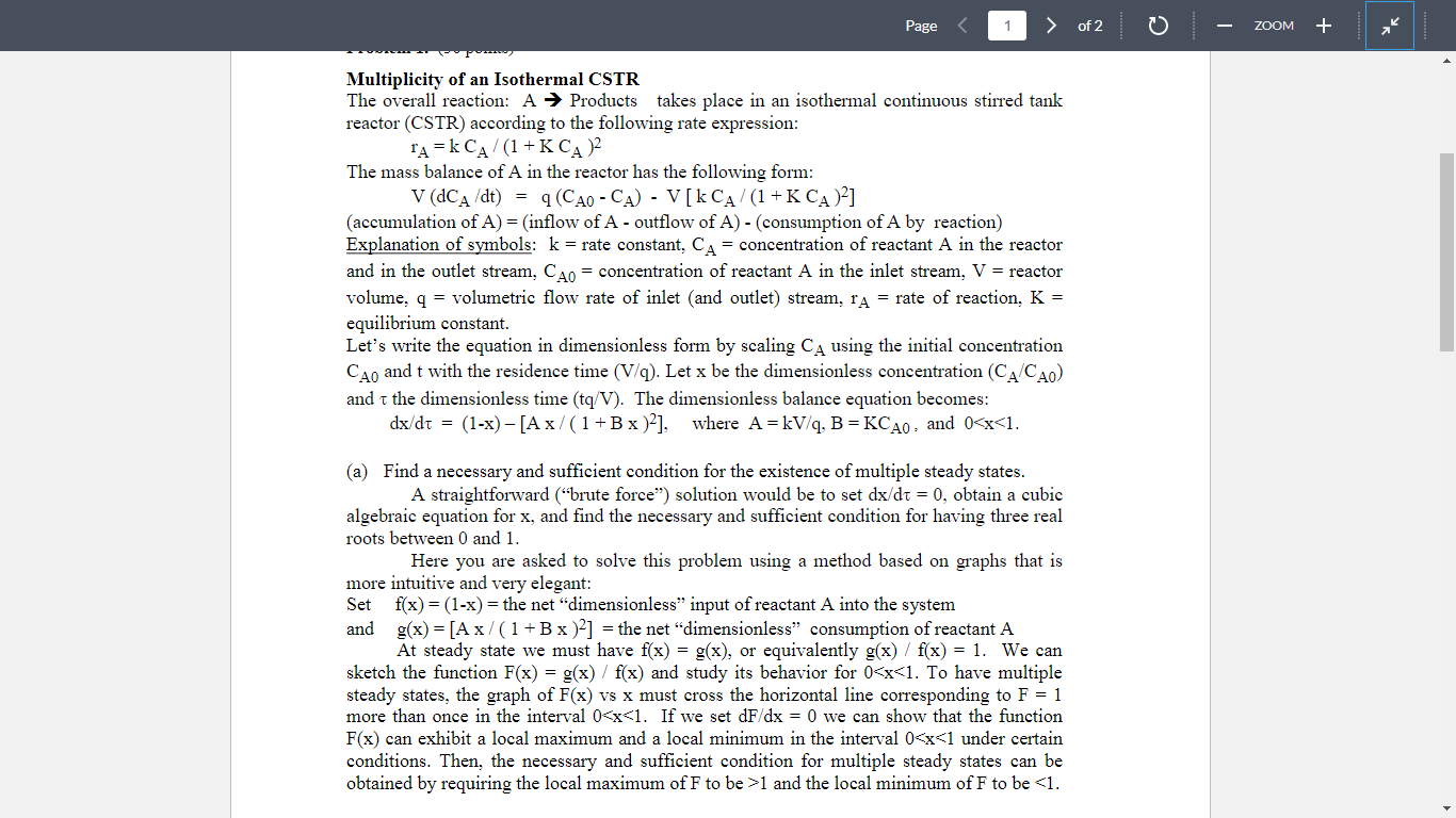 Solved Multiplicity Of An Isothermal Cstr The Overall 