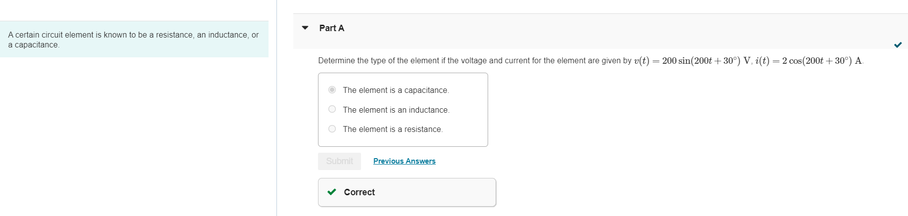 Part A A certain circuit element is known to be a | Chegg.com