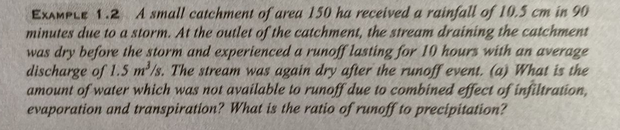 Solved EXAMPLE 1.2 A small catchment of area 150 ha received | Chegg.com