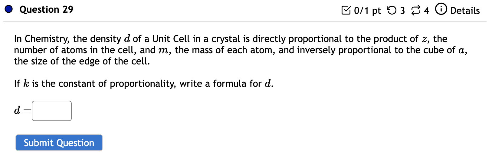 Solved In Chemistry, the density d of a Unit Cell in a | Chegg.com