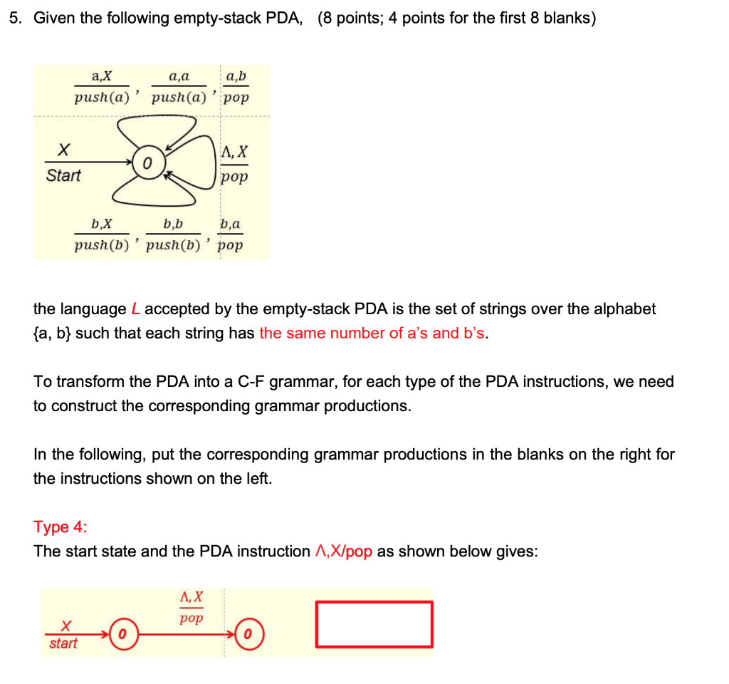 Solved Given the following empty-stack PDA, (8 points; 4 | Chegg.com